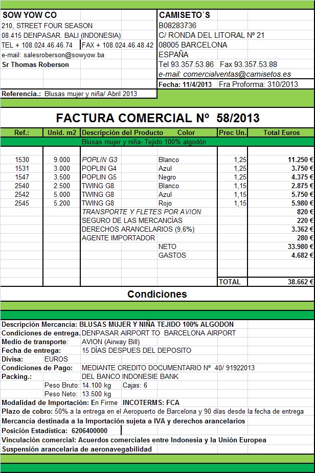 Camisetos: Factura comercial emitida a Camiseto´s por la Importación de ...