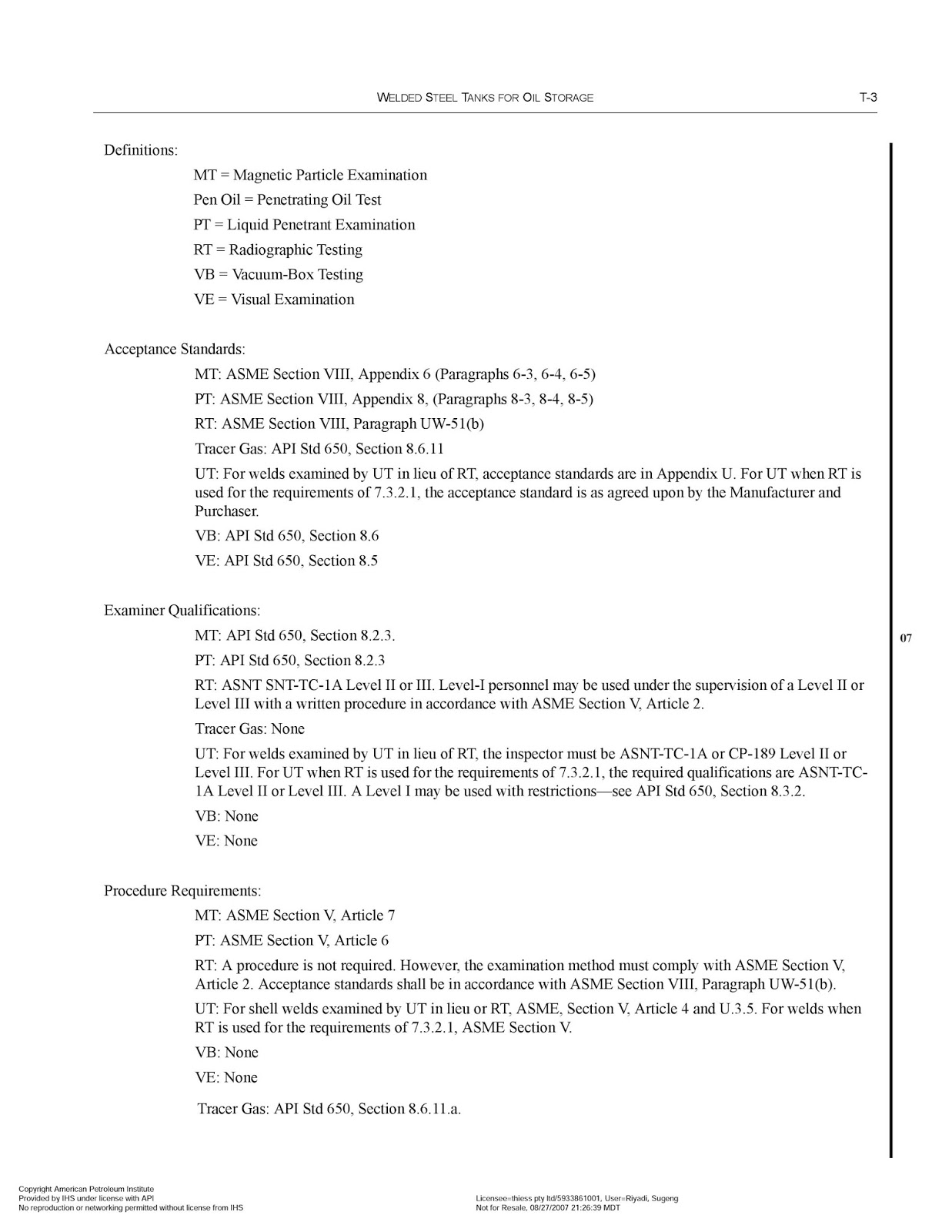 Storage tank API 650 - NDE Requirements Summary