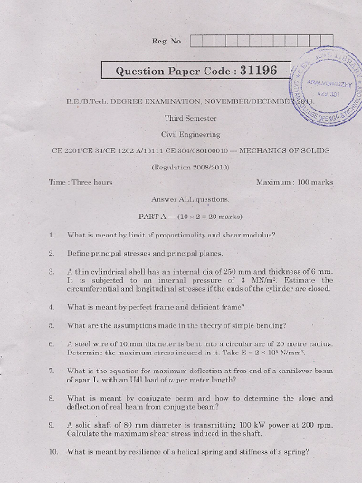 CE2201 Mechanics of Solids Nov Dec 2013 Question Paper - University ...