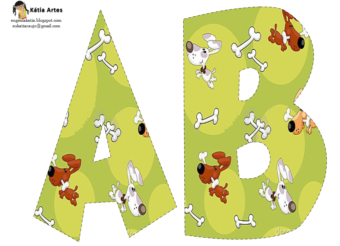 Alfabeto perros con huesos en fondo verde. - Oh my Alfabetos!