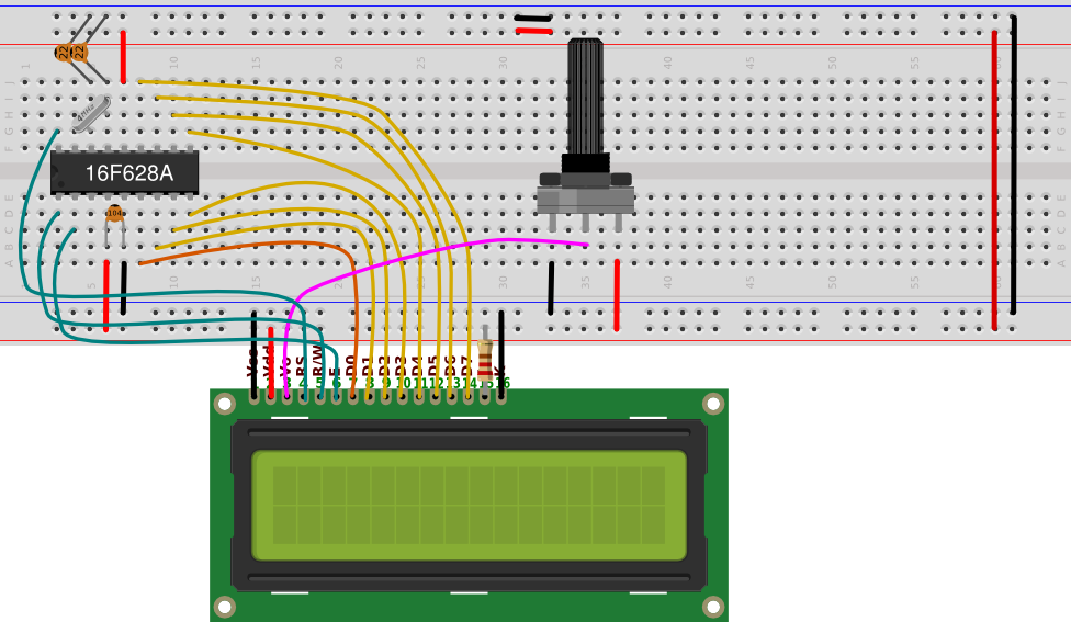 Aplicaciones con microcontroladores: Montaje LCD PIC16F628A