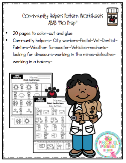 Community Helpers Pattern Worksheets ABAB "No Prep" ~ Preschool Printables