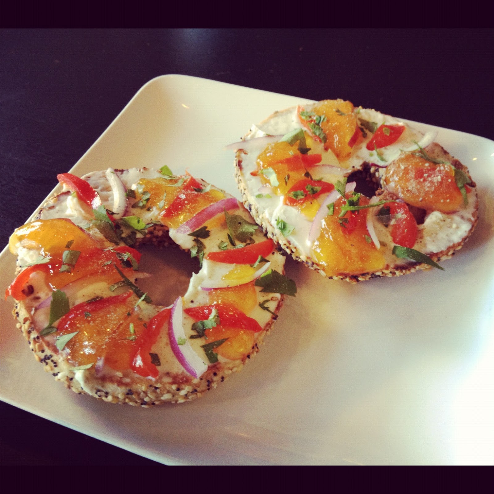 bagels: cream cheese, peppadew, apricot jam, red onion, and cilantro ...