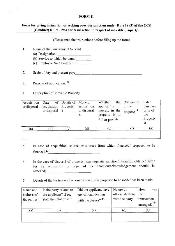 Form II - Intimation or seeking previous sanction - Transaction of ...