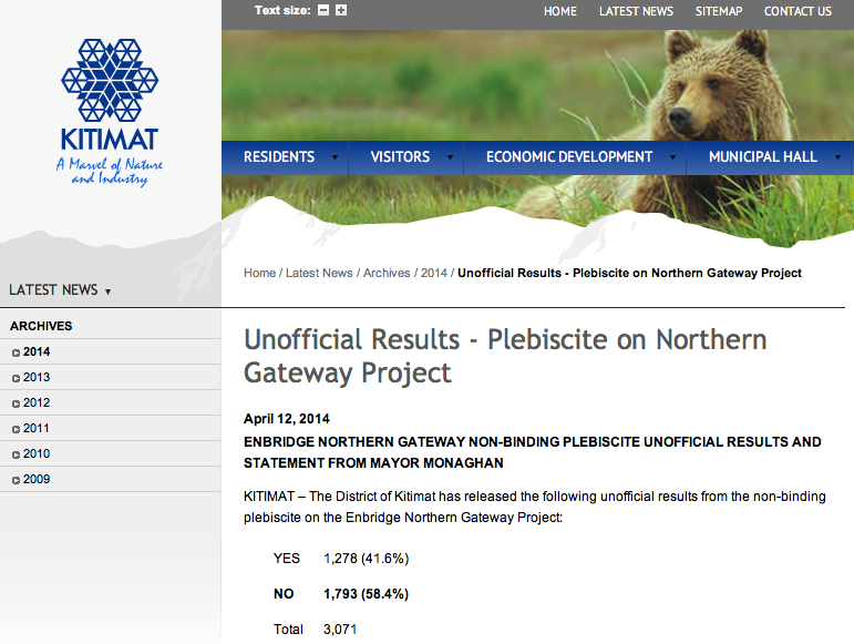 North Coast Review: In Kitimat, 1,793 say NO to Northern Gateway