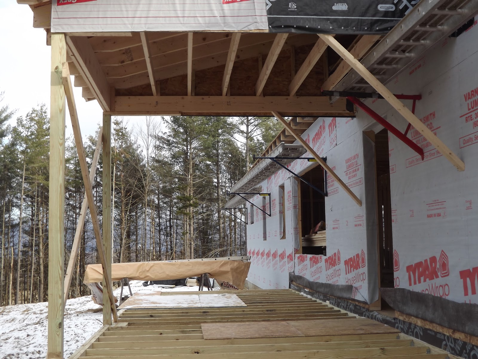 Hardwood Hermitage: Roof framed, chimney installed