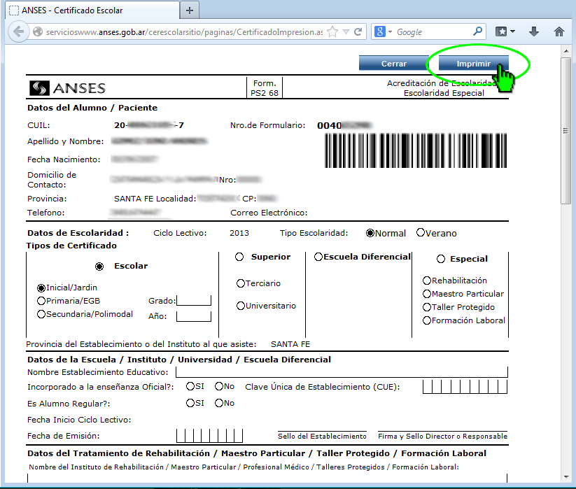 Consultas on-line: Ayuda Escolar Anual - Formulario PS.2.68
