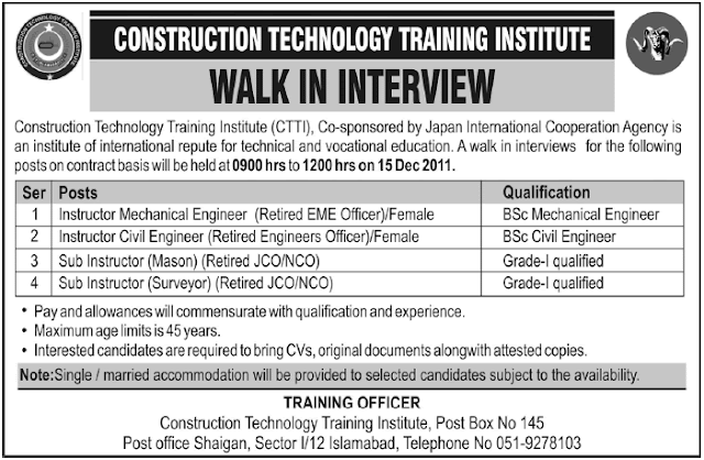 CONSTRUCTION TECHNOLOGY TRAINING INSTITUTE JOBS - PK Jobs Opportunities