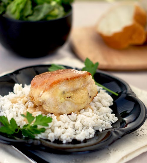 Brie-Stuffed Chicken Breasts with Pear and Cider Sauce ~ Heat Oven to 350