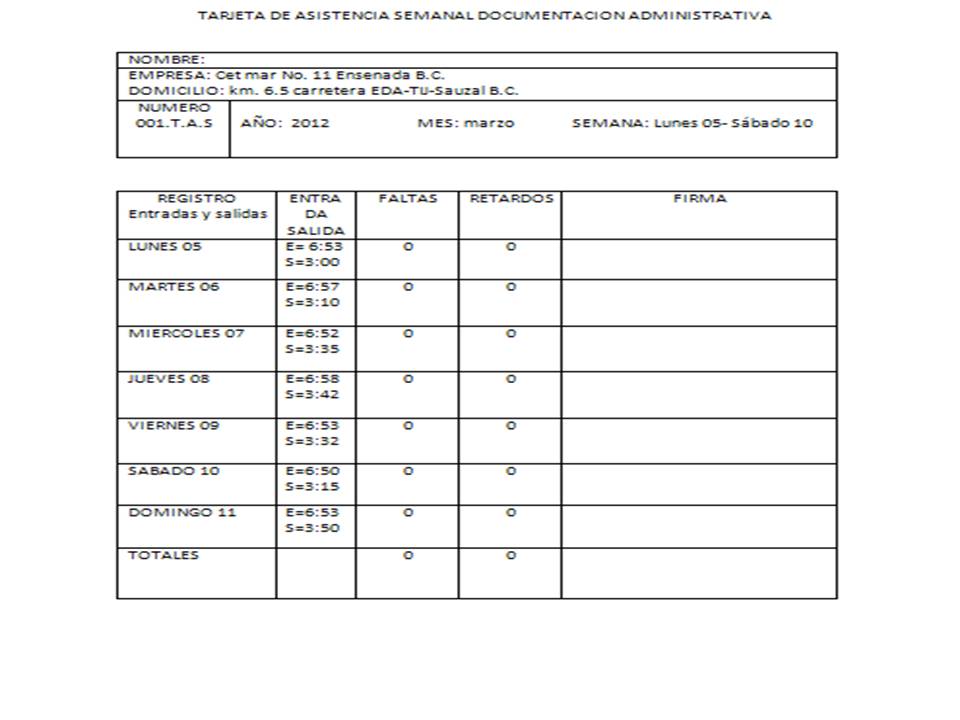 NaDyA AnSeLL: TARJETA DE ASISTENCIA SEMANAL DOCUMENTACION ADMINISTRATIVA