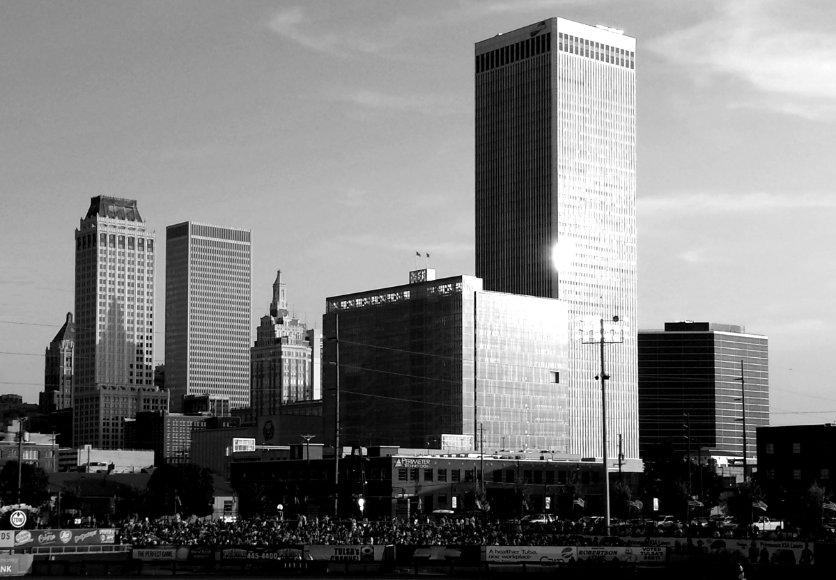 Tulsa Gentleman: Black & White Reflections - Tulsa Skyline at Dusk
