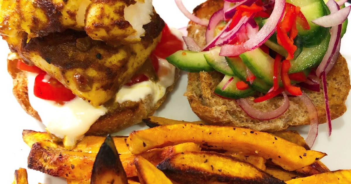 Tandoori Cod Burgers with Chilli Pickled Cucumber and Sweet Potato Wedges