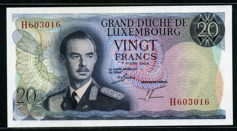 Luxembourg currency 20 Francs banknote 1966 Grand Duke Jean|World ...