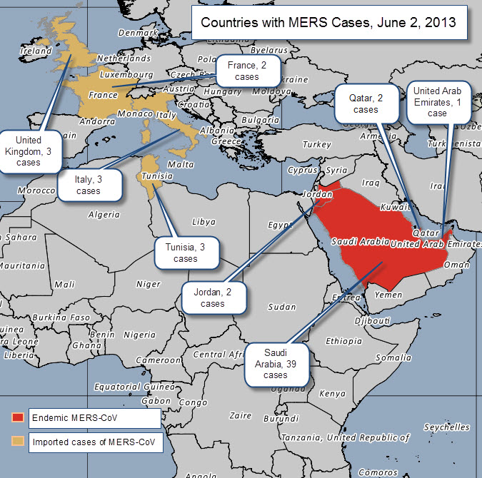 NOVEL INFECTIOUS DISEASES: Map: MERS-CoV Outbreak, June 2, 2013