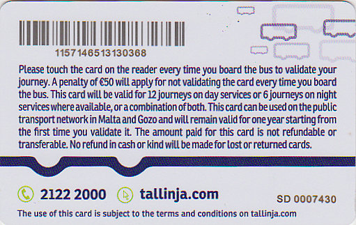 The traveler's drawer: MALTA PUBLIC TRANSPORT. Tallinja card