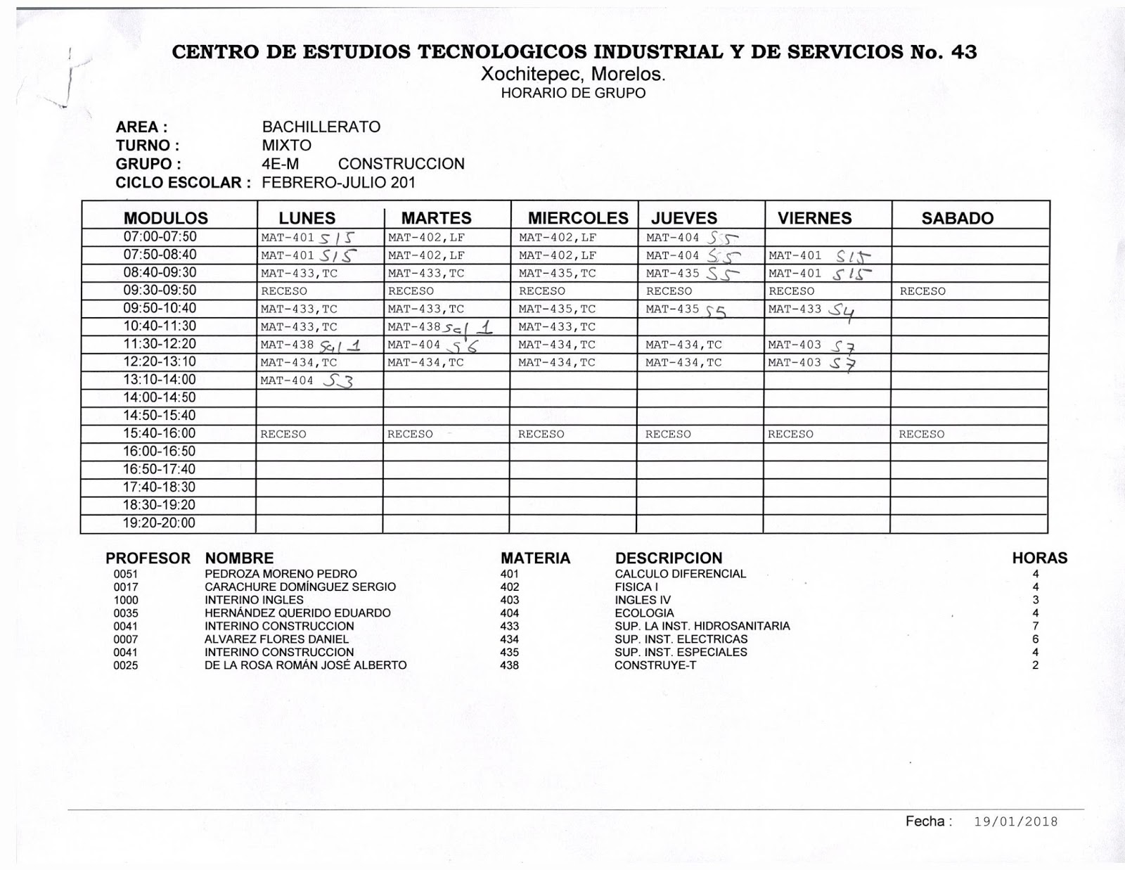 CETis 43 : HORARIOS 4to SEMESTRES