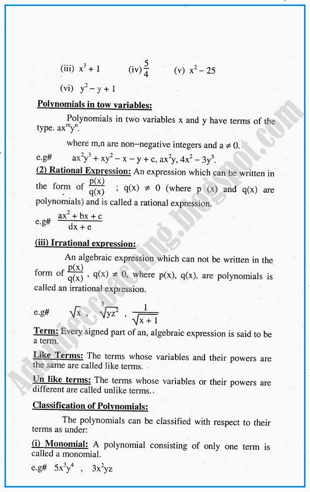 Adamjee Coaching: Algebraic Expressions - Definitions and Formulae ...