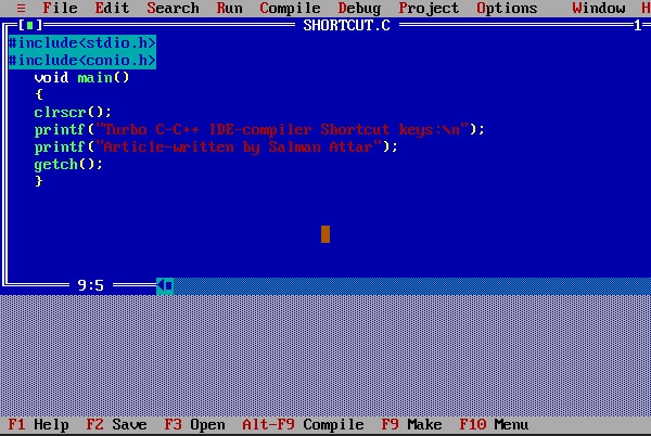 Turbo C/C++ IDE/Compiler Shortcut keys