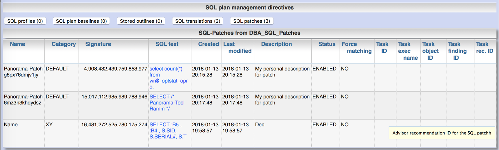 Panorama: Handle SQL patches for Oracle-DB