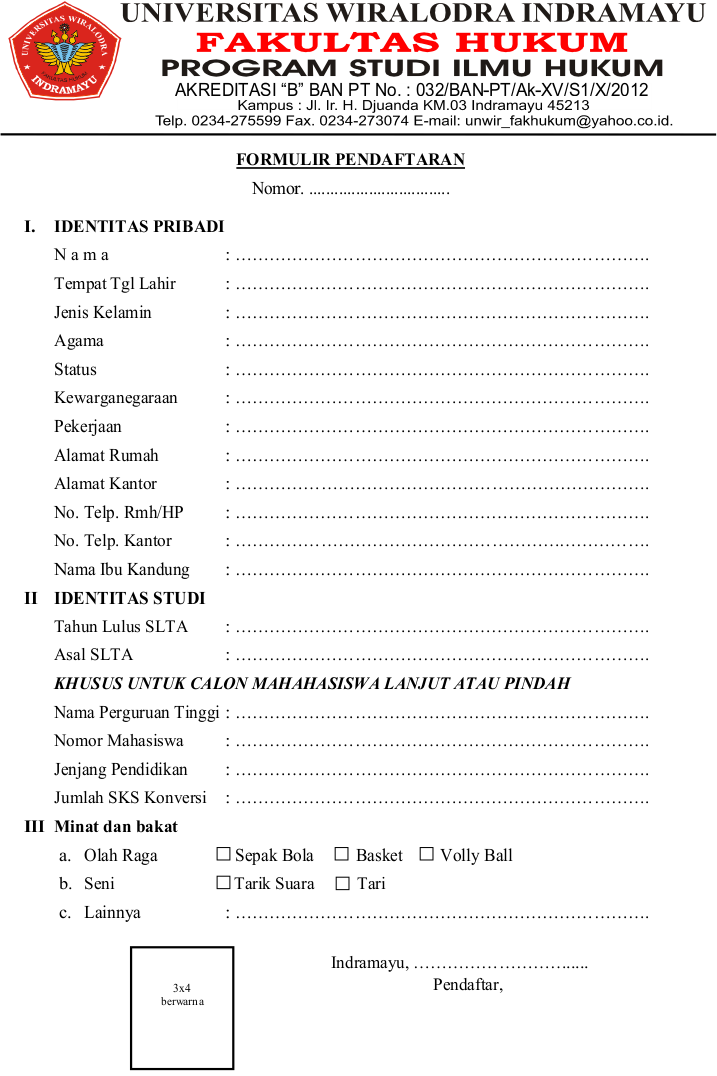 Formulir Pendaftaran Mahasiswa Baru Tahun Akademik 2017-2018