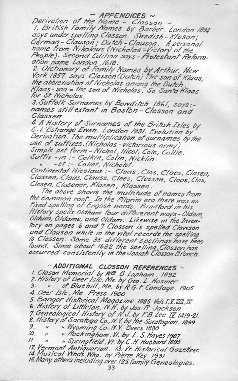 The Josiah Closson Family of New England by William G. Closson