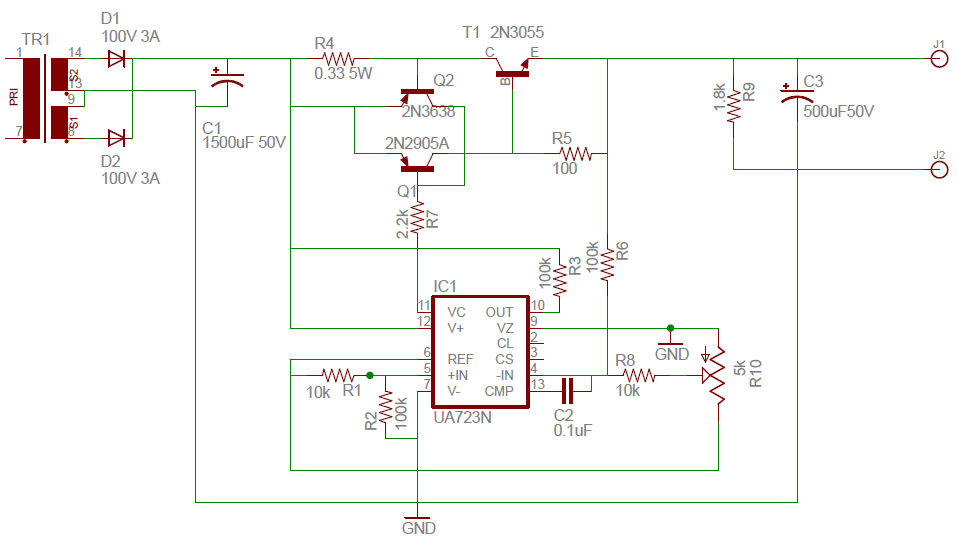 BugWorkShop - 甲蟲工作室: DIY uA723 / LM723 0-30V 2A 可調線性穩壓電源 - 電路