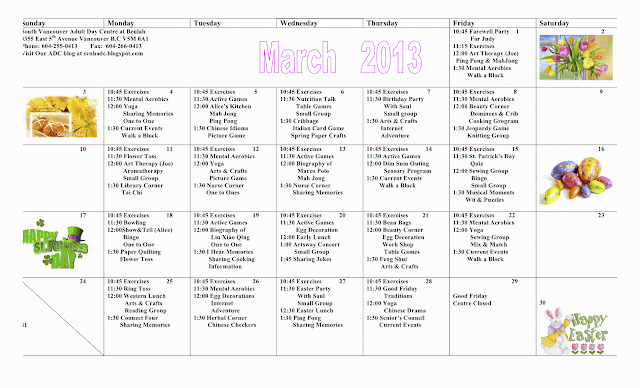 South Vancouver and Beulah Adult Day Programs: March Calendar for ...