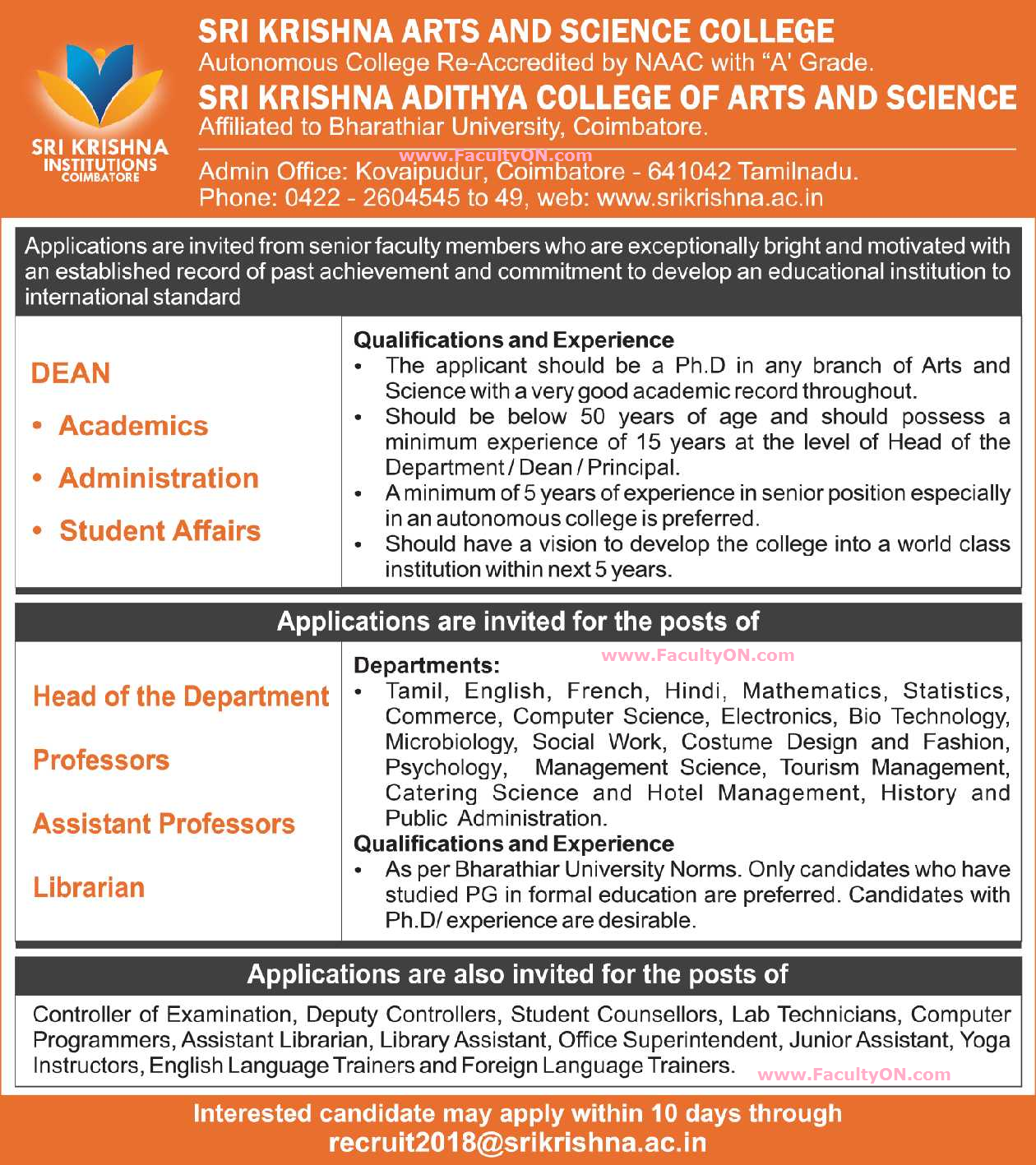 Sri Krishna Arts and Science College, Coimbatore, Wanted Teaching ...