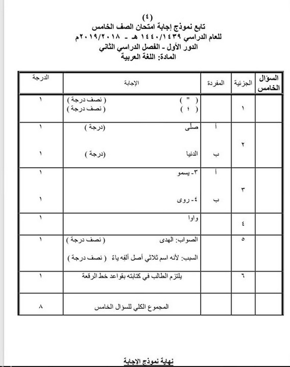 اختبار في اللغة العربية للصف الخامس الفصل الثاني الدور الاول 2018 2019