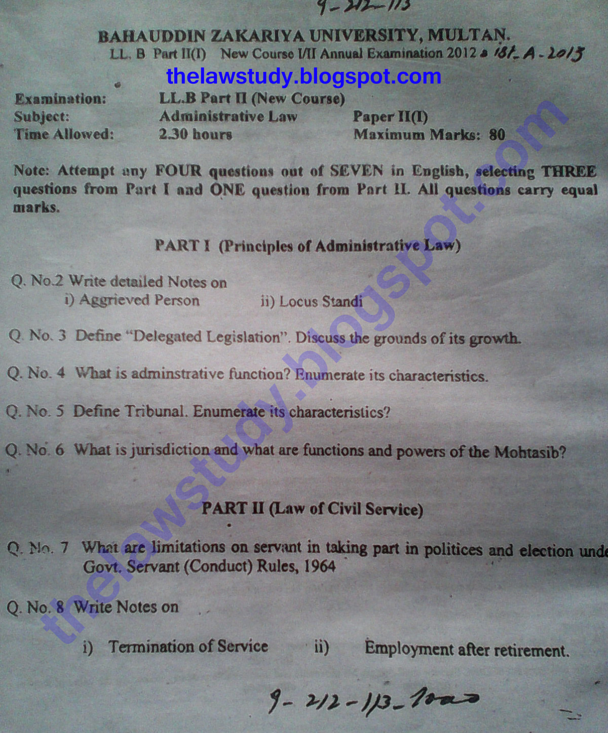 Old Paper BZU LLB Part 2 (2013) 1st Annual - The Law Study