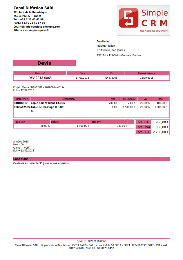 Modèles de devis, bons de commande, factures et bons de livraison | Copie écran logiciel Simple CRM
