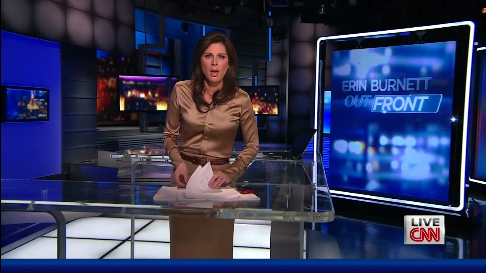 Ladies in Satin Blouses: erin burnett - light brown satin blouse