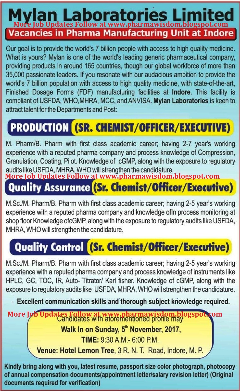 MYLAN LABORATORIES - Walk-In Interview for Multiple Positions on 5th ... MYLAN LABORATORIES - Walk-In Interview for Multiple Positions on 5th ...