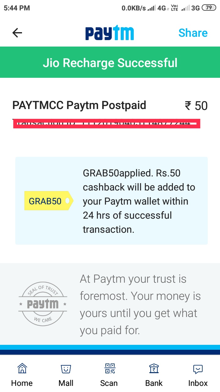 Paytm : Get 100% cashback upto ₹50.