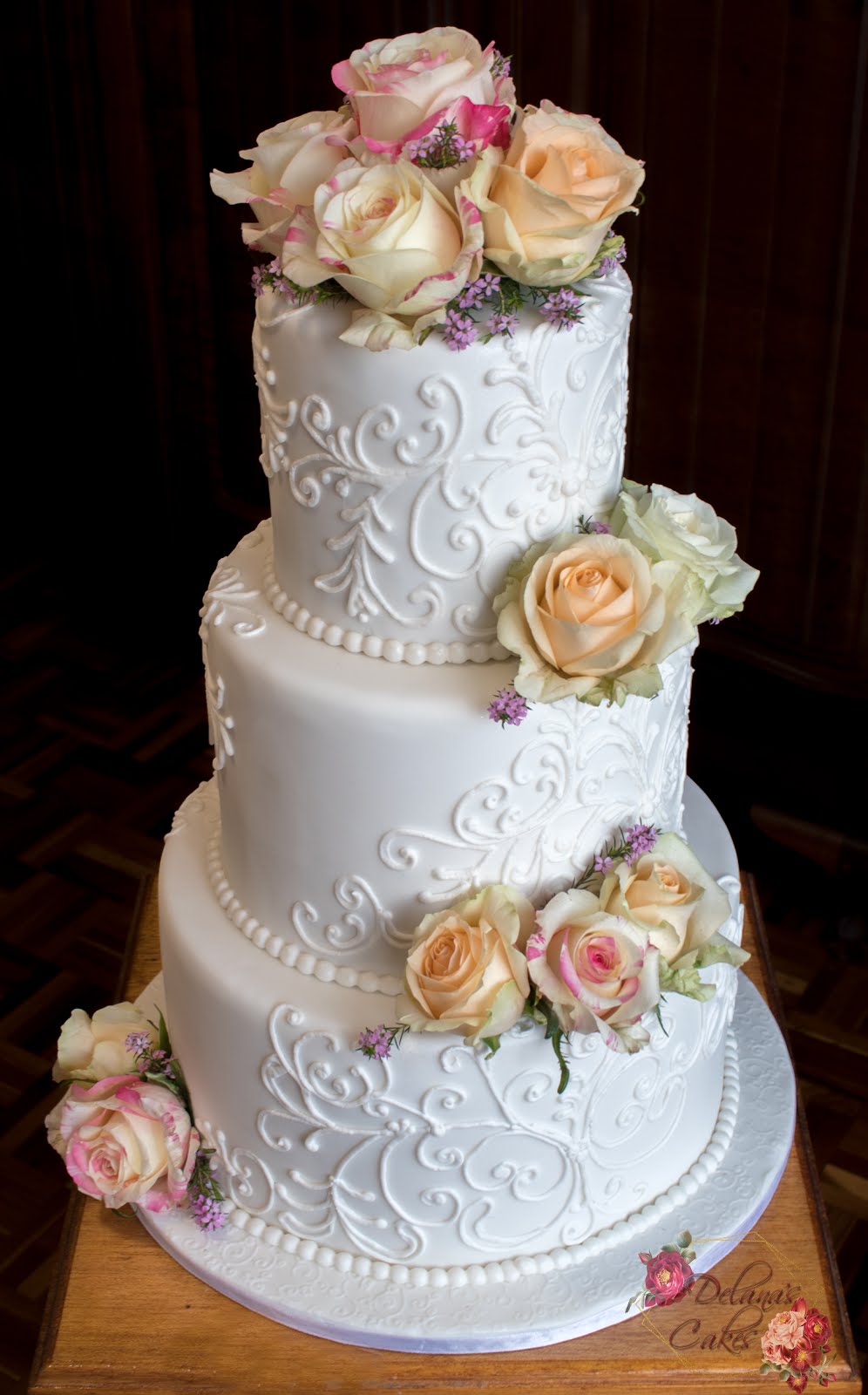 Delana's Cakes: 3 Tier Hand Piped cake with fresh flowers