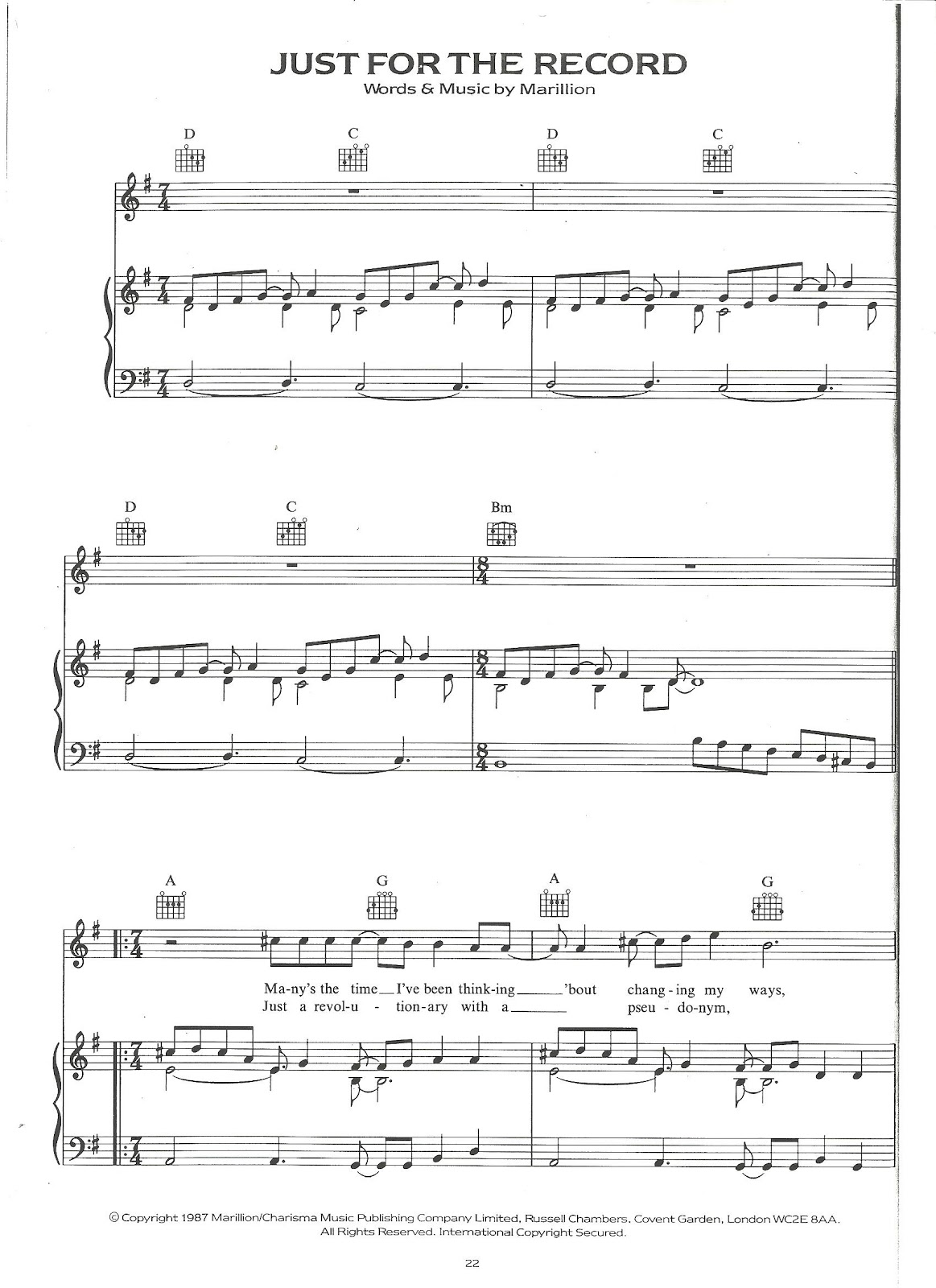 MARILLION - THE STORY SO FAR: JUST FOR THE RECORD (PARTITURA)