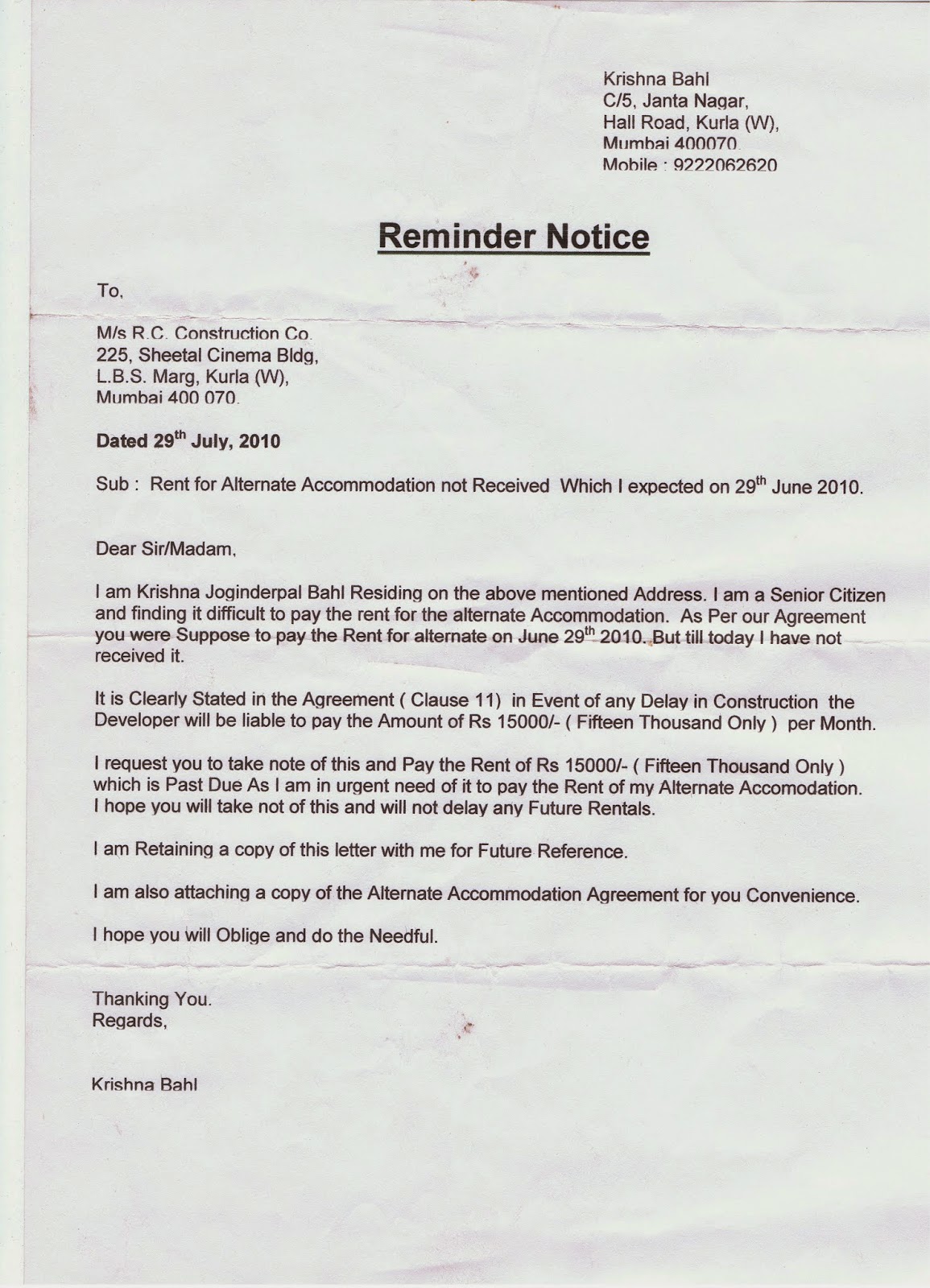 R.c. Group Builder Not paying Rent for Redevolpment Property : Sent a ...
