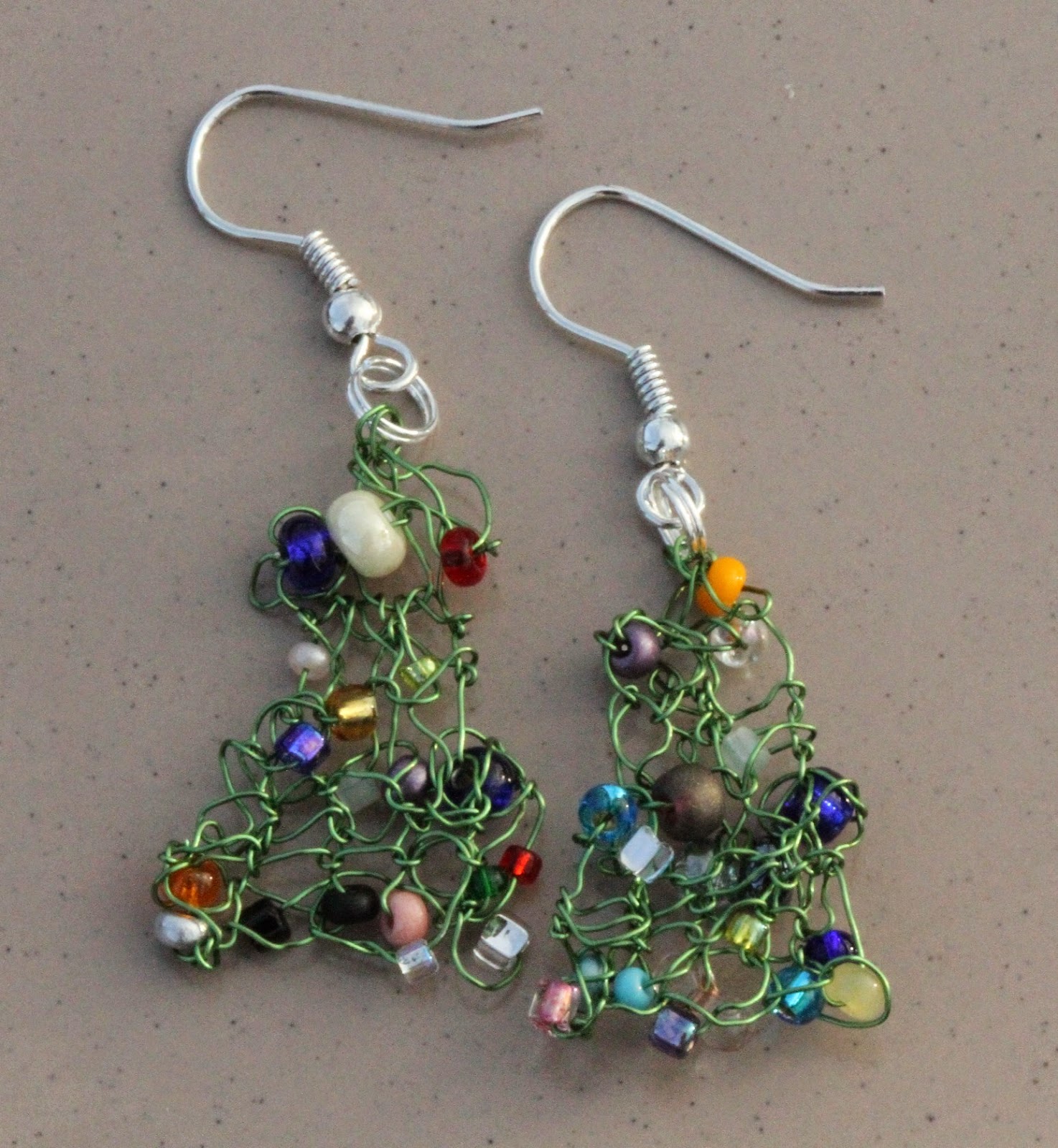 Angela Smith Jewellery: Knitted wire and glass bead Christmas tree earrings