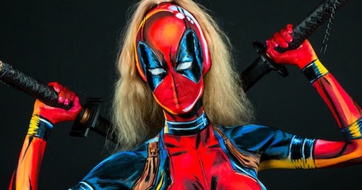 Watch this timelapse of cosplayer bodypainting herself into Lady Deadpool