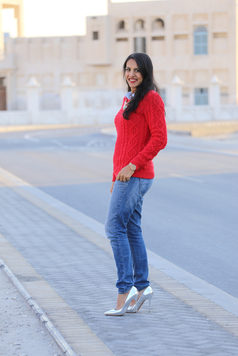 Preppy red cable knit and metallic heels | The Silver Kick Diaries