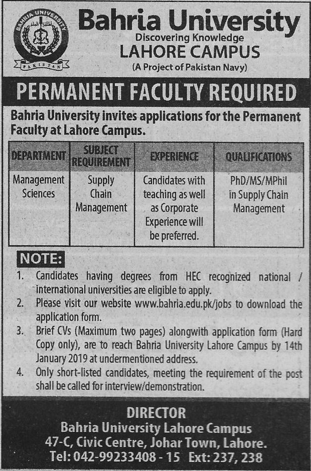 Permanent FACULTY required Bahria university lahore jobs 2019