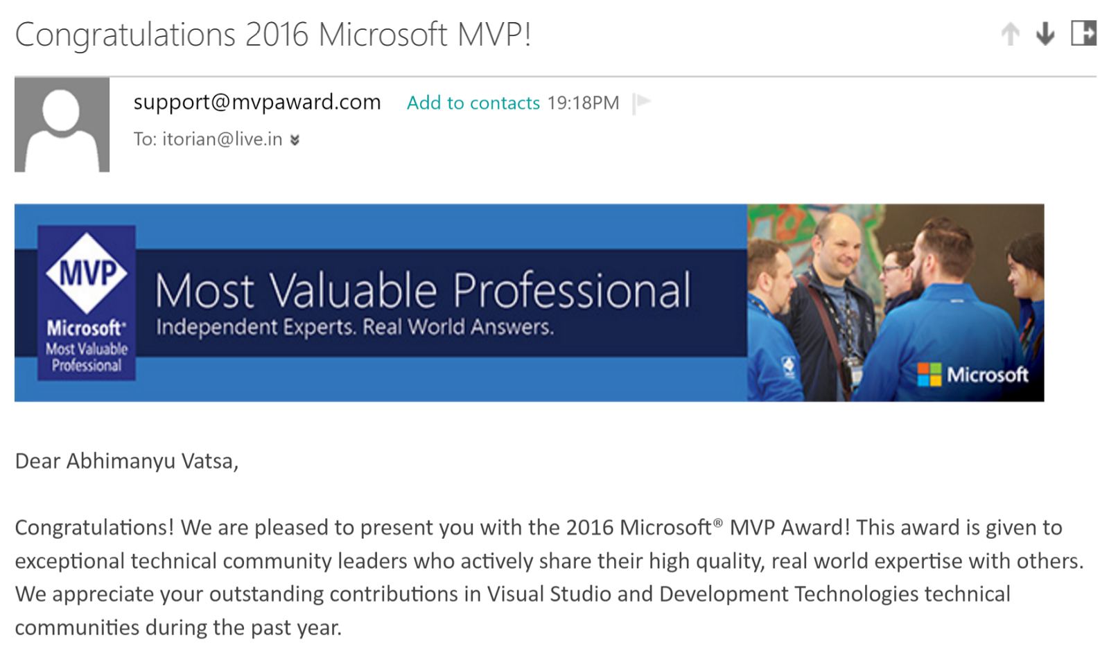 Microsoft MVP: Honored to have received the Microsoft MVP award for the ...
