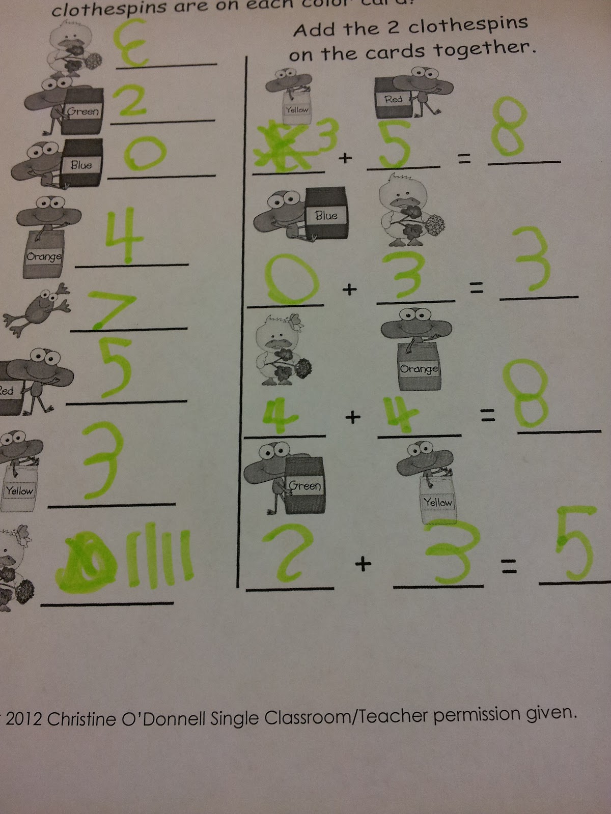 Clothespin Color Matching, Counting and Addition Center