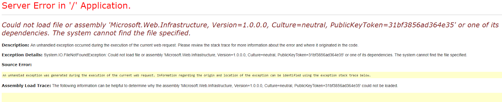 Could Not Load File Or Assembly Microsoft Webfrastructure