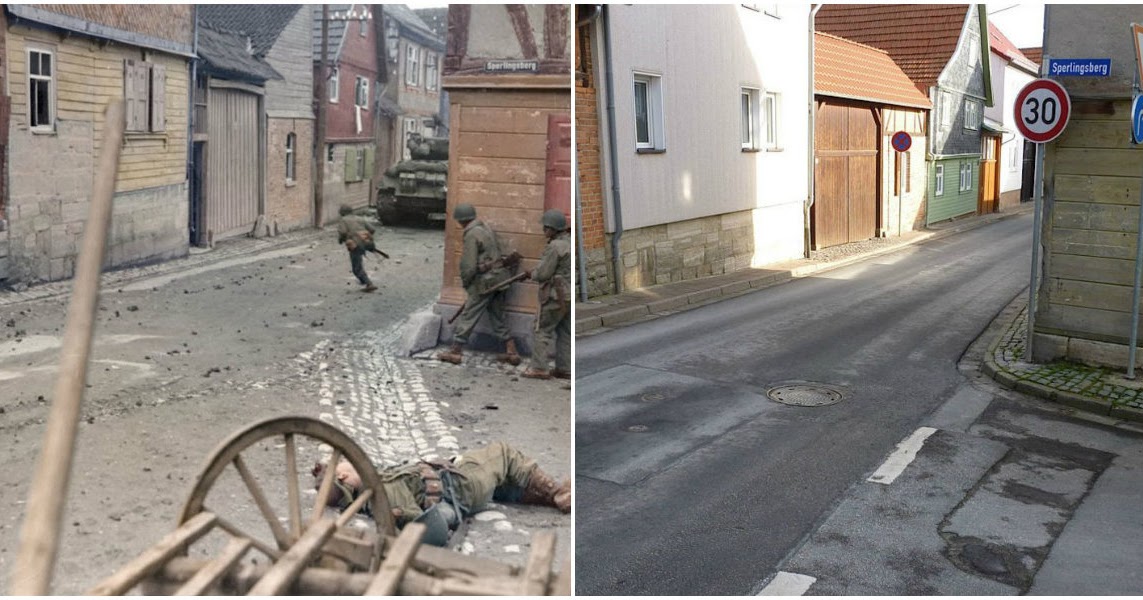 Comparison Then and Now Photos of a Street in Germany During WWII vs ...