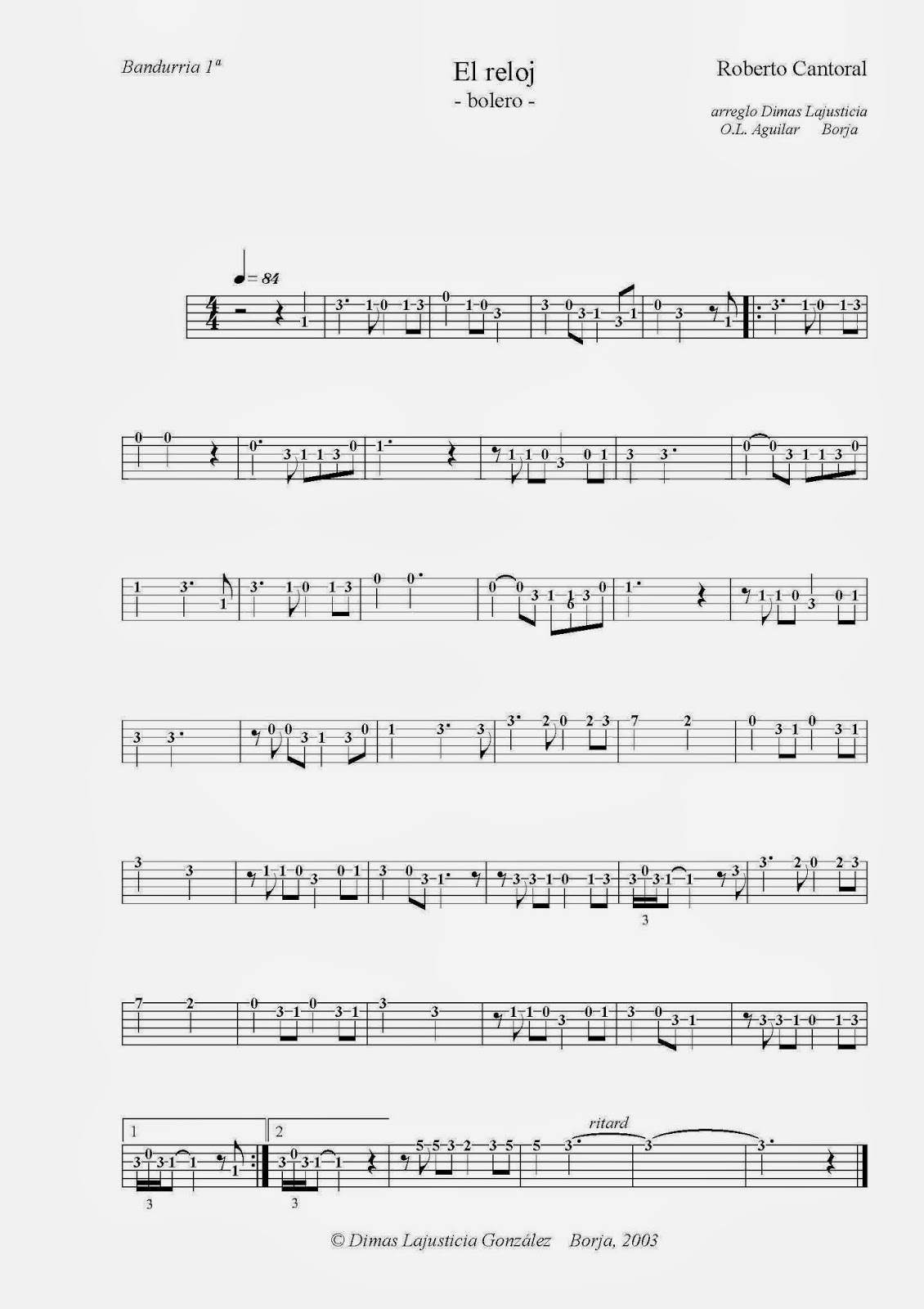 El reloj. Bolero. Partitura: guitarra, laúd y bandurrias.