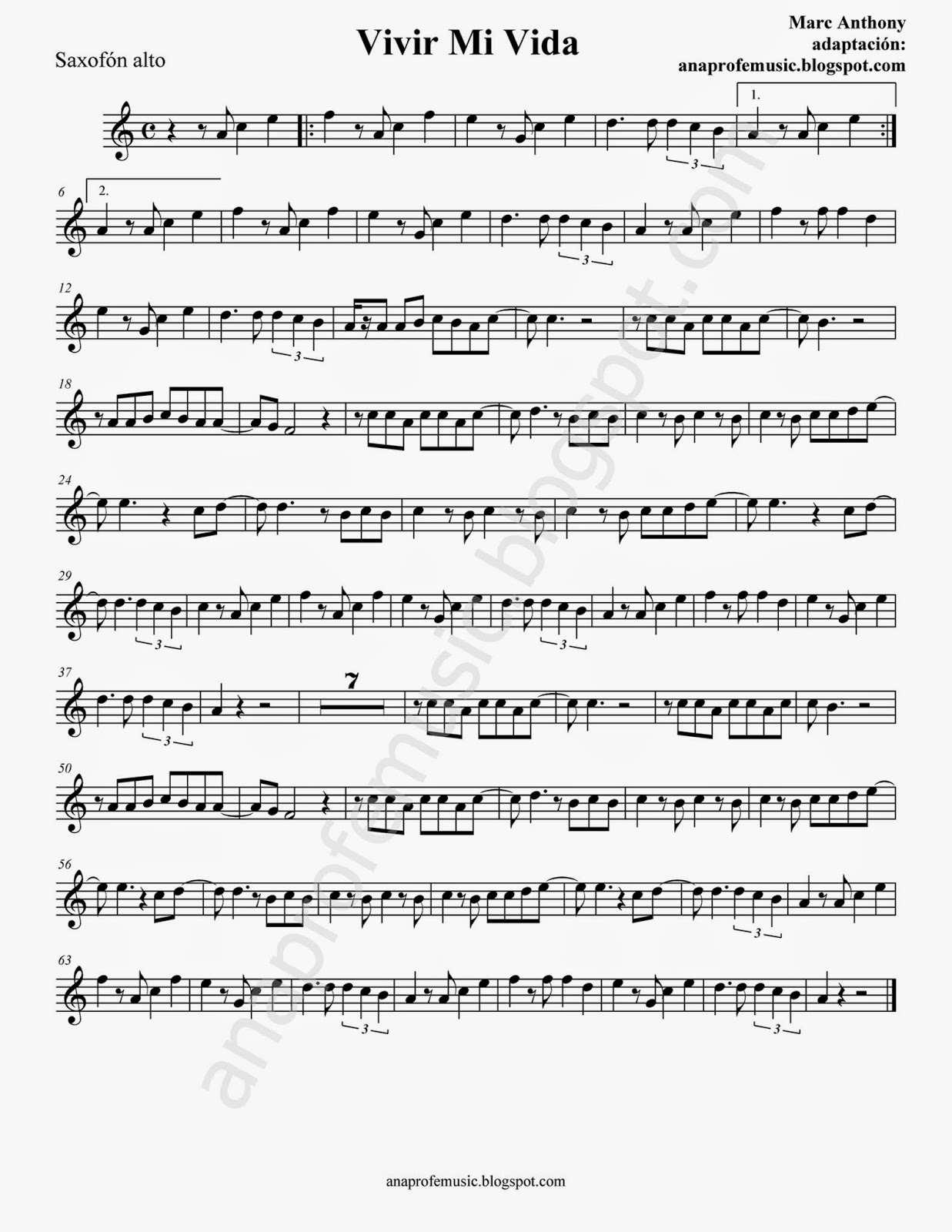 AnaProfeMusic: Partitura Vivir Mi Vida, de Marc Anthony