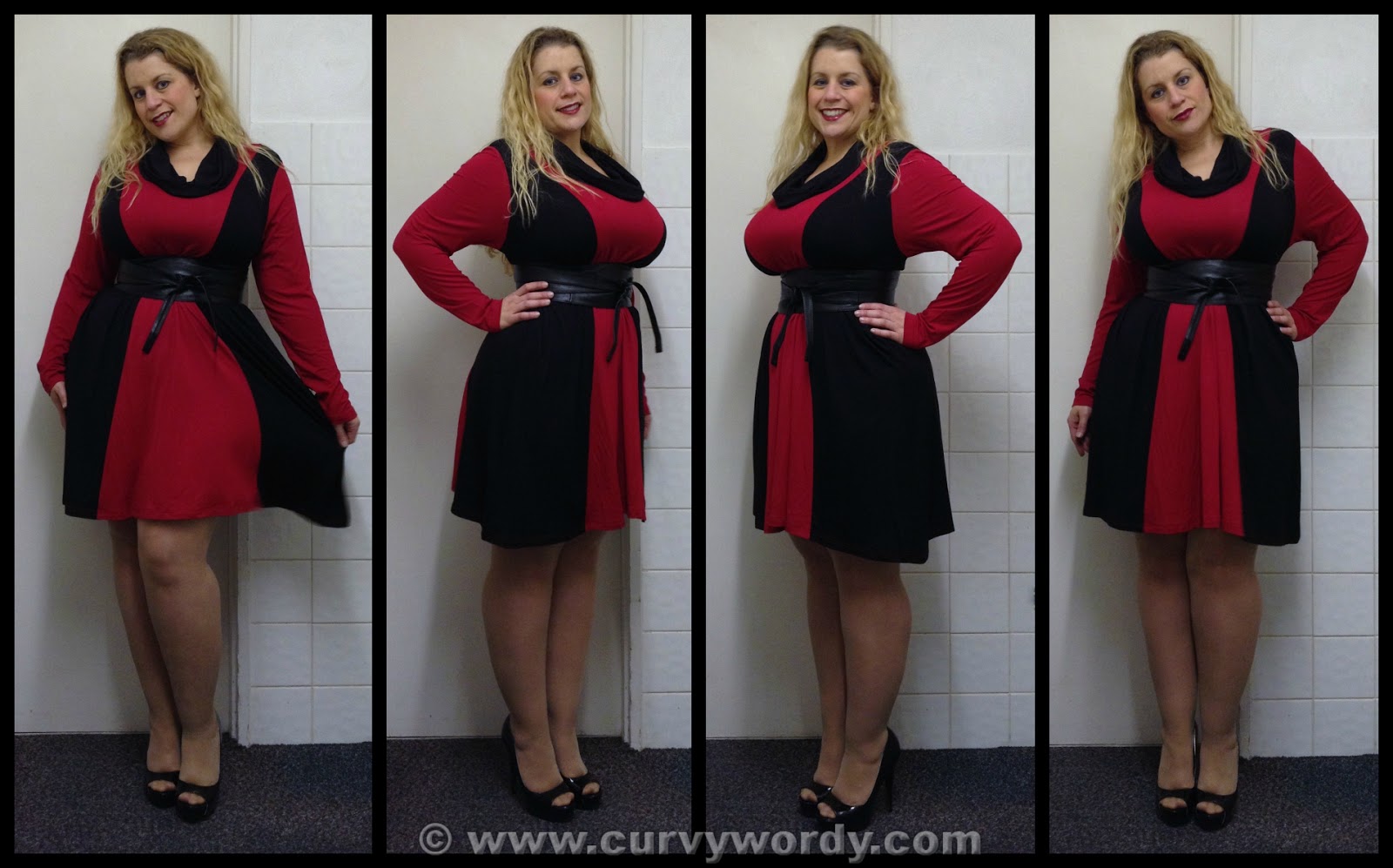 Lucabella Red Black Panelled Cowl Neck Tunic M - Curvy Wordy