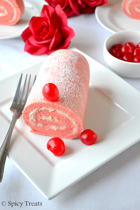 Spicy Treats: Pink Velvet Roulade / Cake Roll - Guest Post For Divya Pramil