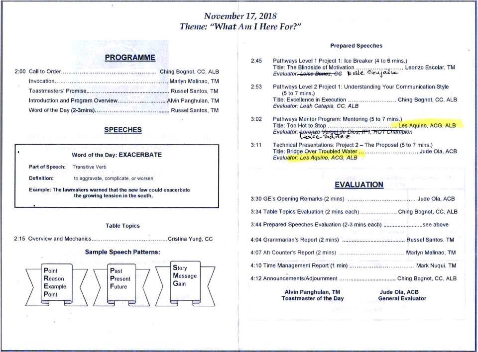 Toastmasters Speeches: Nov 17, 2018 Toastmasters Meeting - Mentoring ...